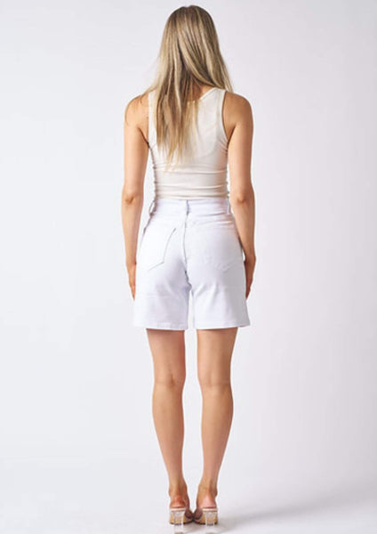 Not Too Short Pocket Front Stretch Denim Wakee Shorts in White ...